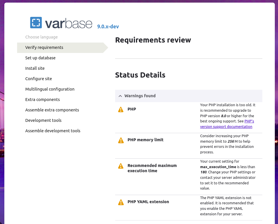 Have a Varbase installation requirement ( notification, not a blocker) [#3277590] | Drupal.org